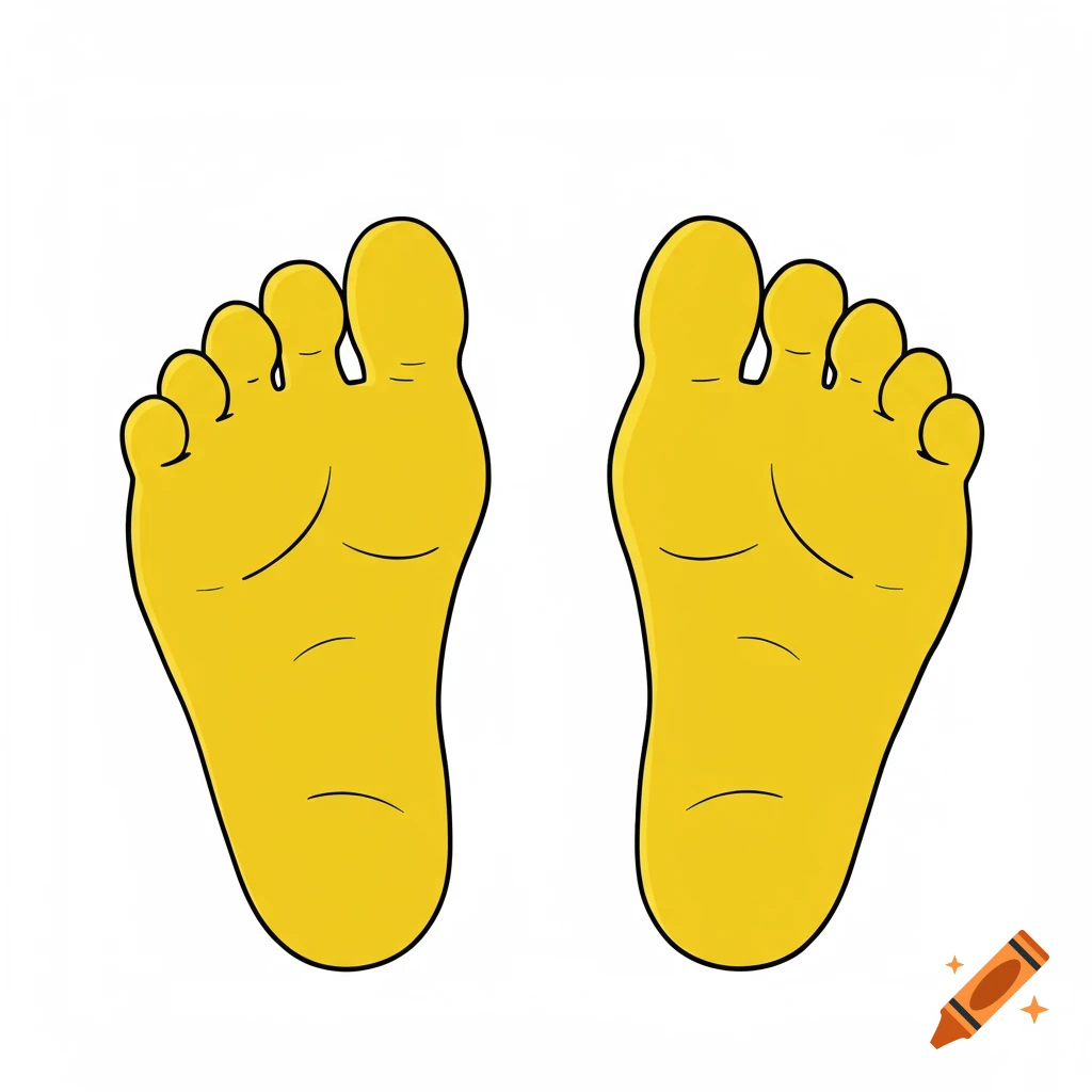 Two yellow cartoon feet, soles facing the camera, on a white background ...
