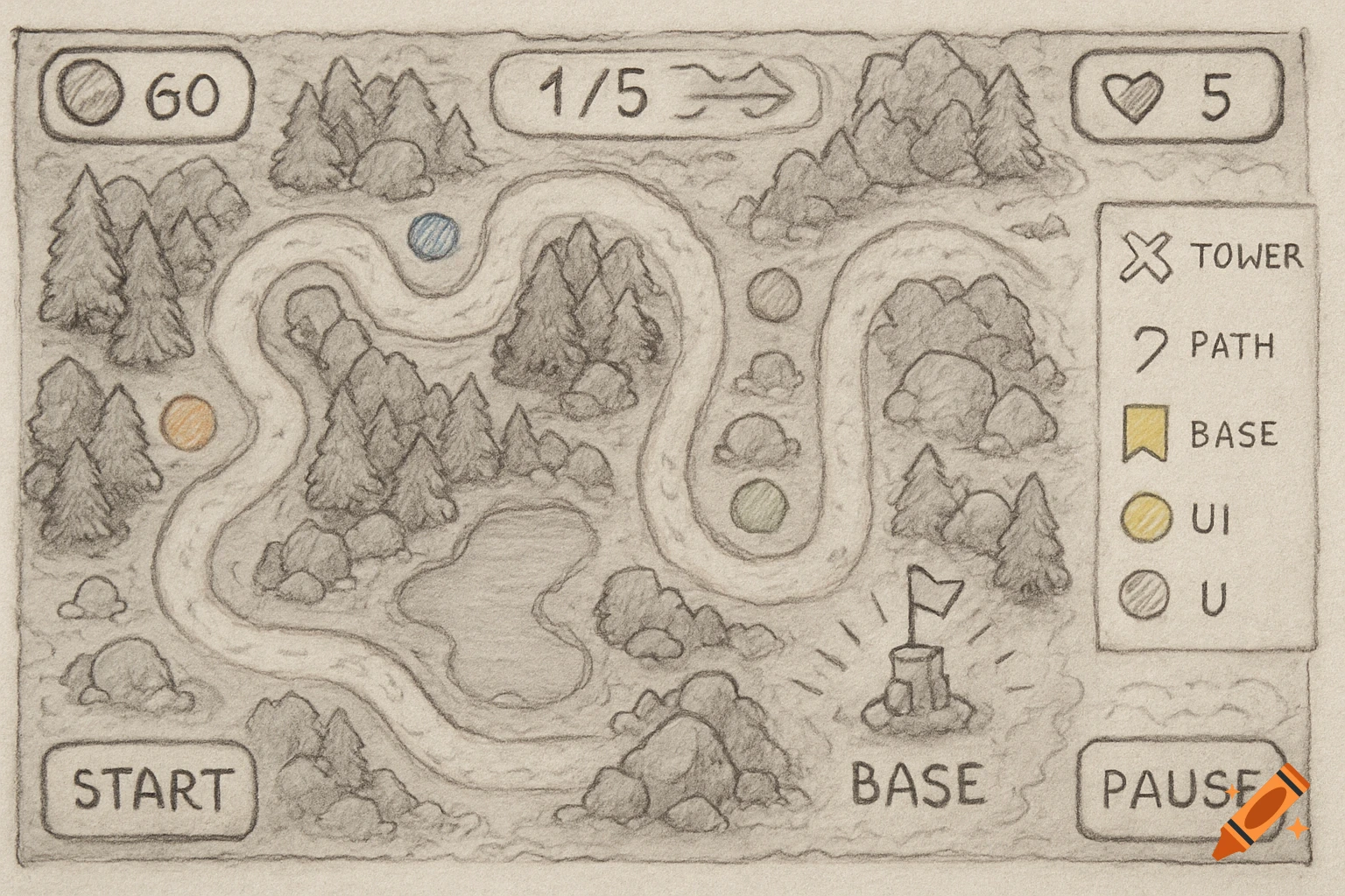 A hand-drawn sketch of a tower defense game map, featuring winding ...
