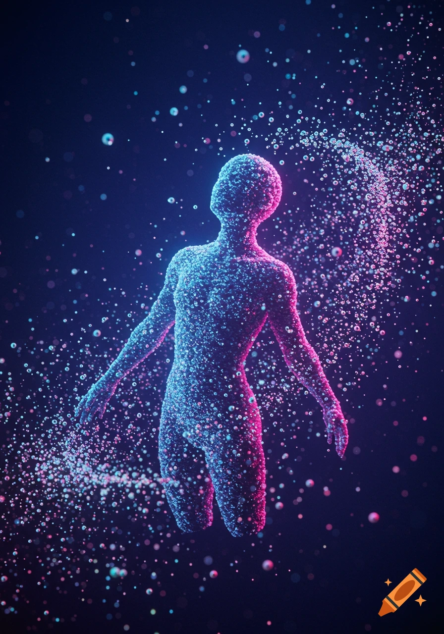 Glowing human figure made of blue and pink particles floating in a dark ...