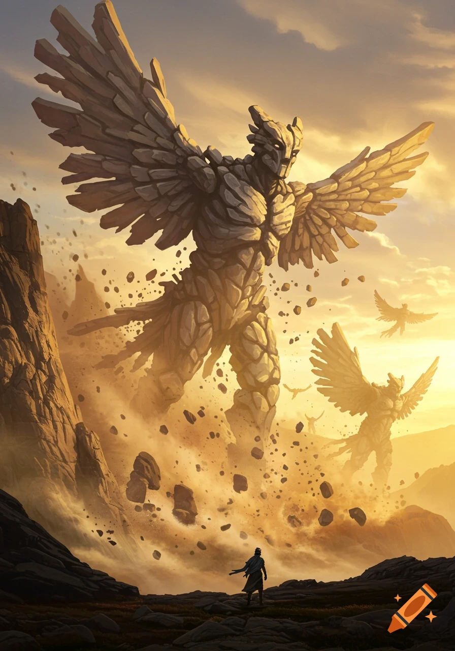 A majestic landscape with towering, bird-like rock formations, bathed ...