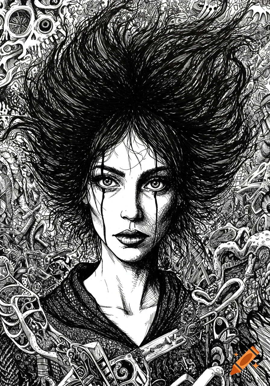Fine line pen and ink drawing of a fantasy woman inspired by Frank ...
