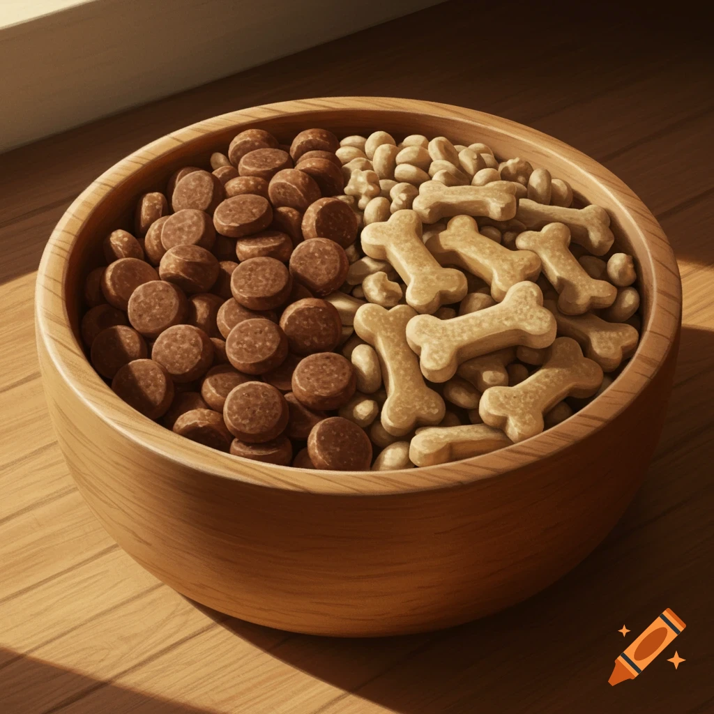 A wooden bowl of dry dog kibble on a wooden floor, half round brown ...