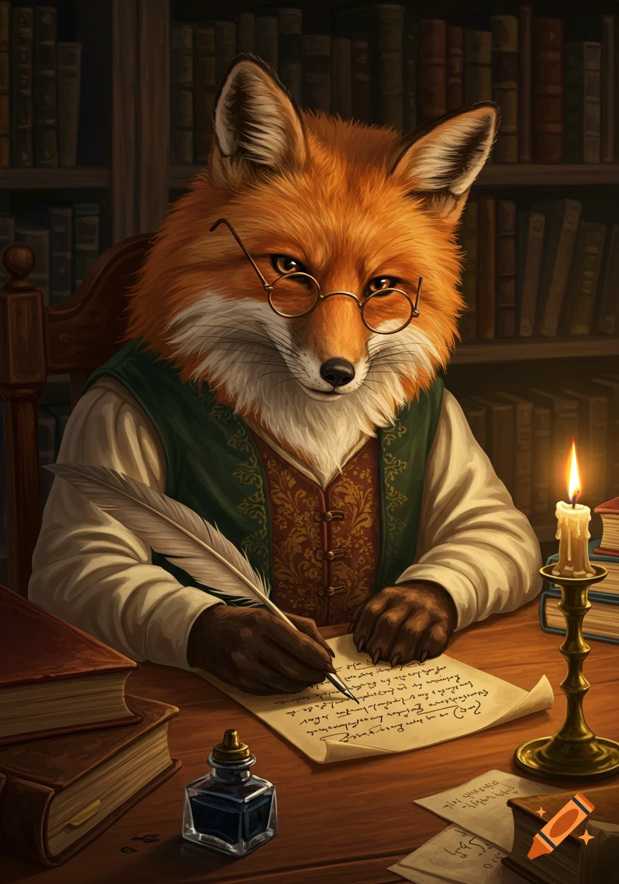 A wise red fox in glasses writes with a quill at a wooden desk in a ...