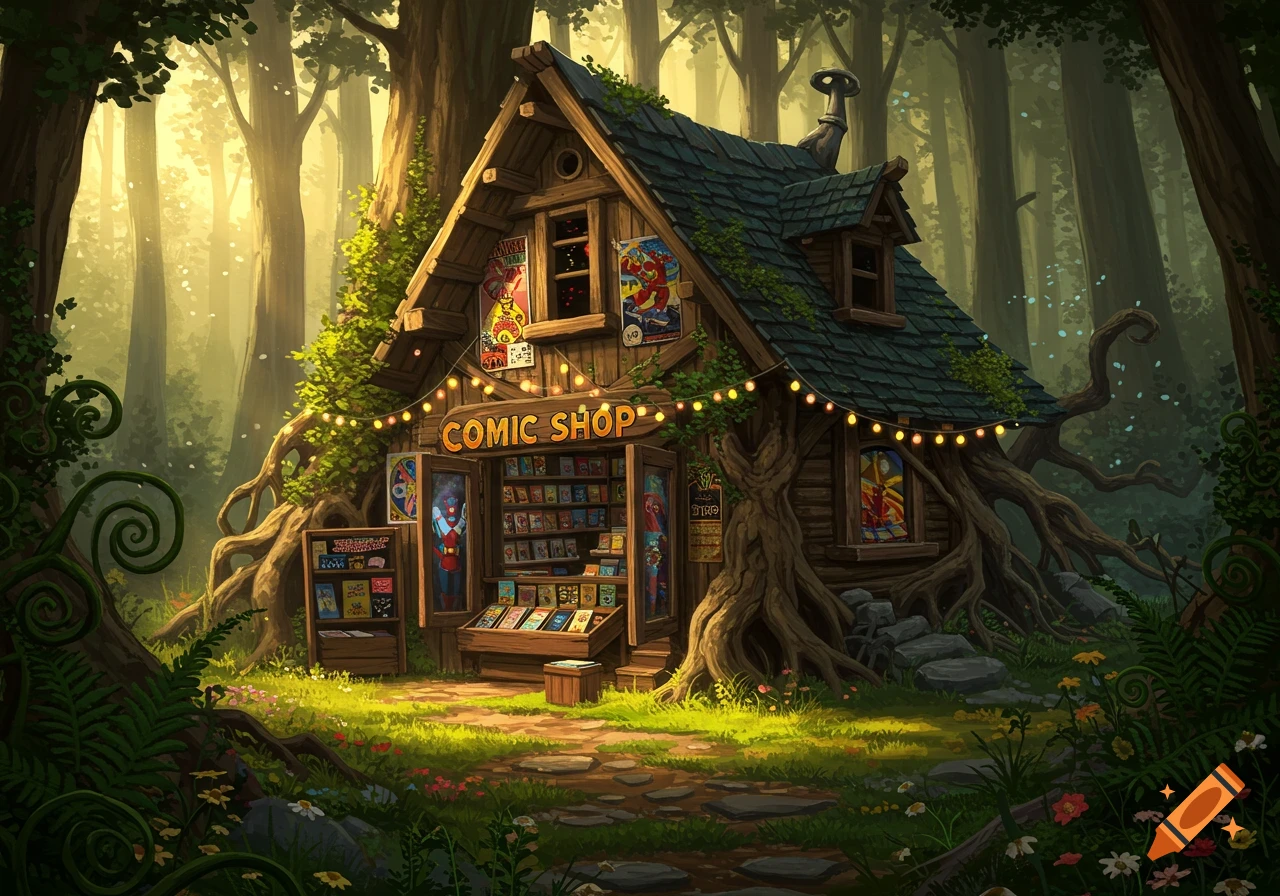 A witch's hut with glowing windows on long rooster legs walks through a ...