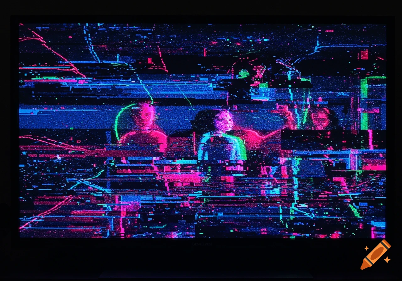 A dark screen displays heavily glitched and distorted human-like ...