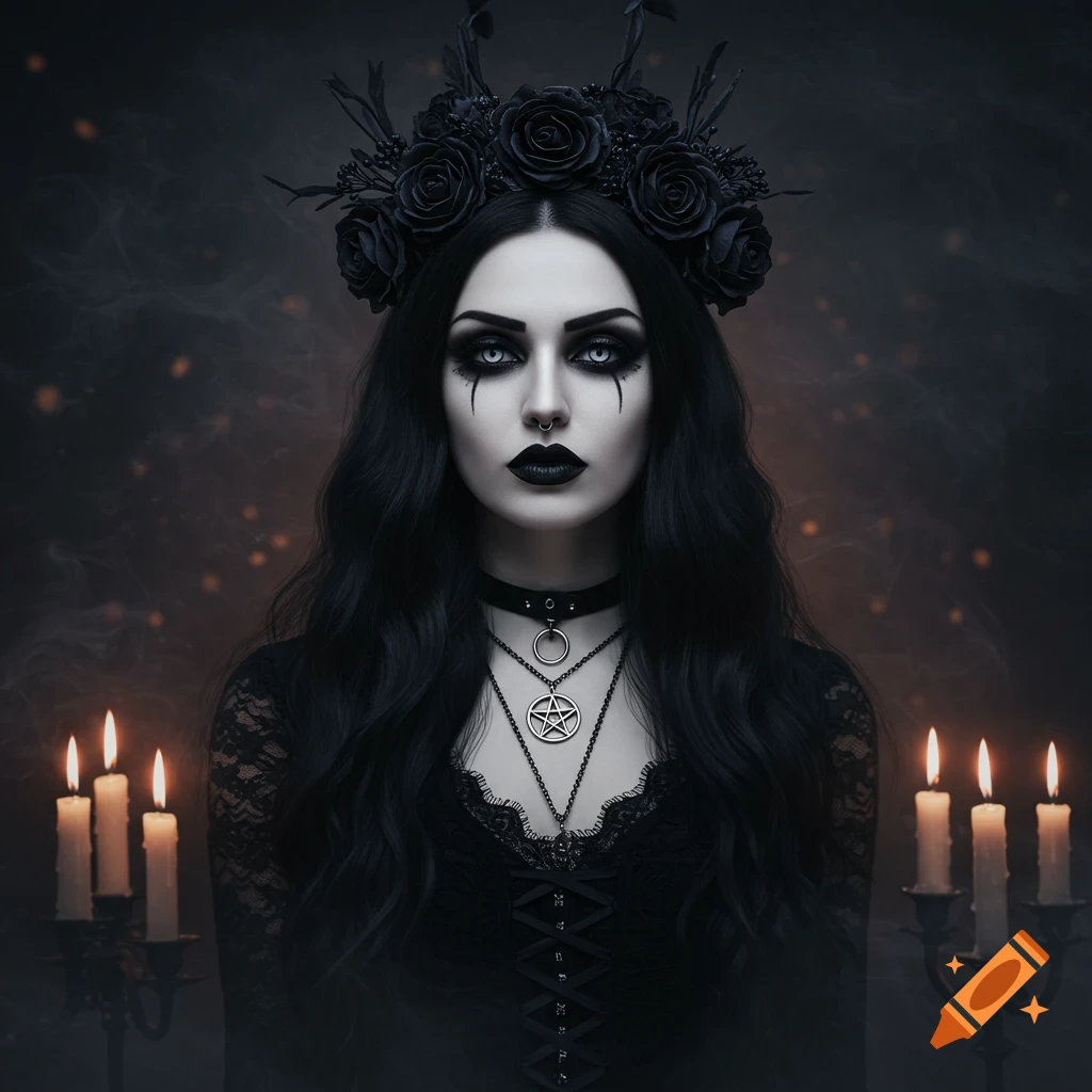 A goth girl in a black velvet dress and fishnet stockings stands on a ...