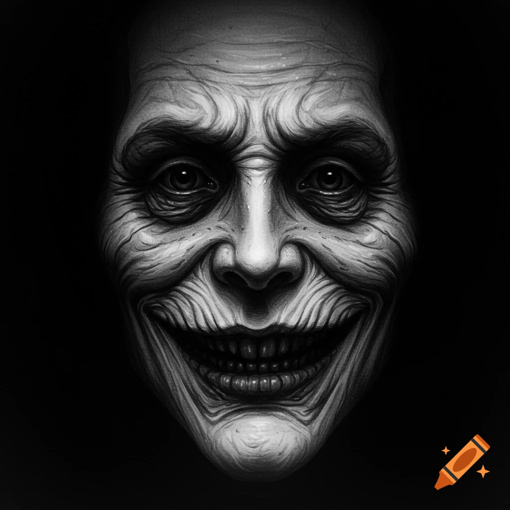 Black and white pencil drawing of a creepy, heavily wrinkled face with ...
