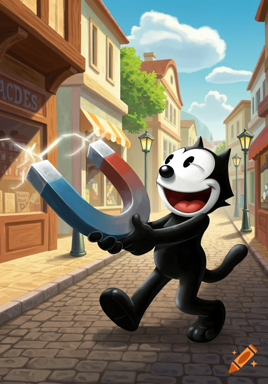 Felix the Cat smiles, floating in a blue sky while holding a magical ...