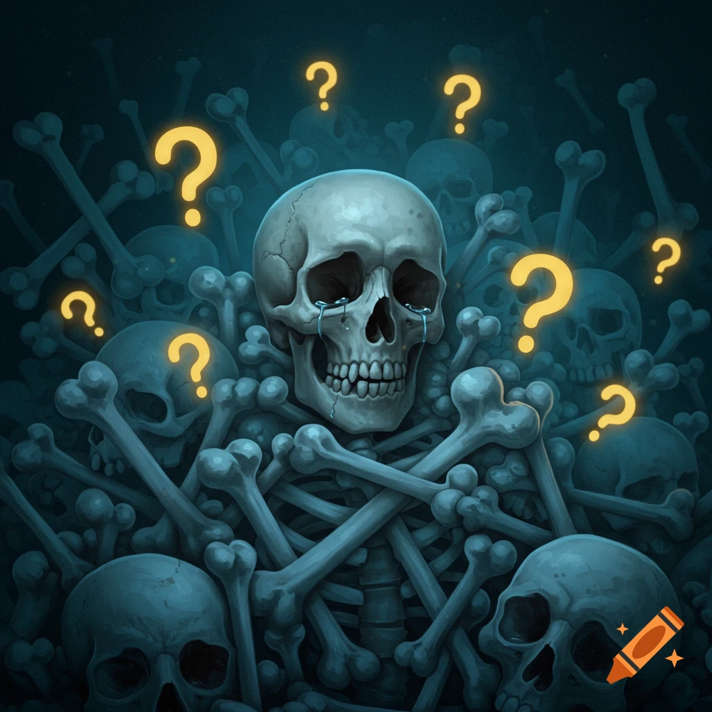 An illustration of a crying skull with a frown, surrounded by a heap of ...