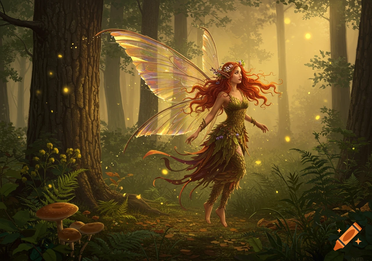 A beautiful red-haired fairy with luminous wings and a leafy green ...