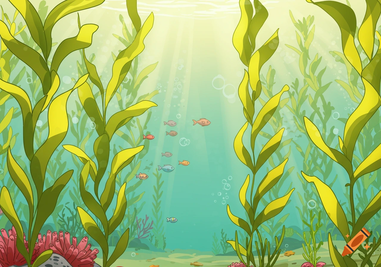 Cartoon underwater scene with tall green kelp, small fish swimming, and ...
