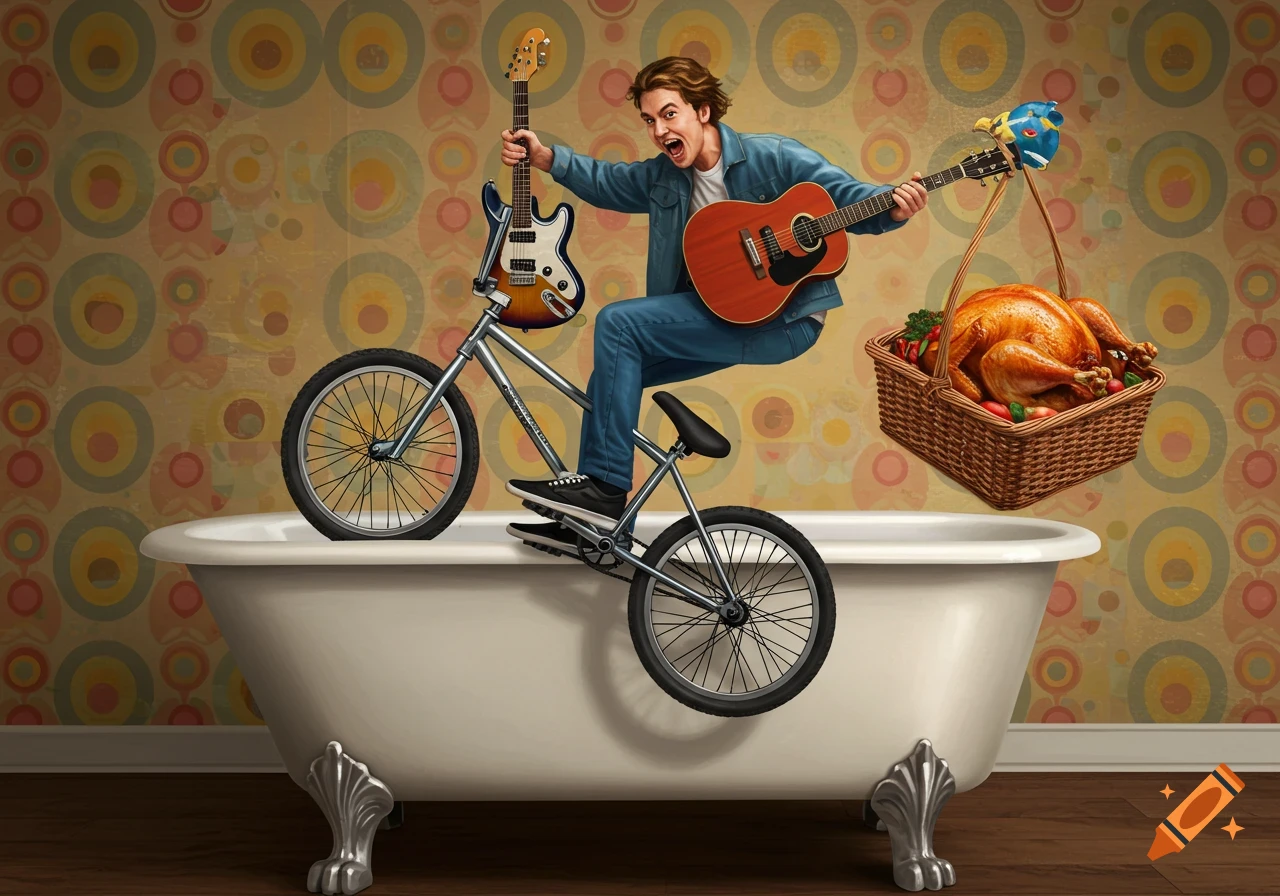 A man riding a BMX bike in a bathtub, holding an electric guitar and an ...
