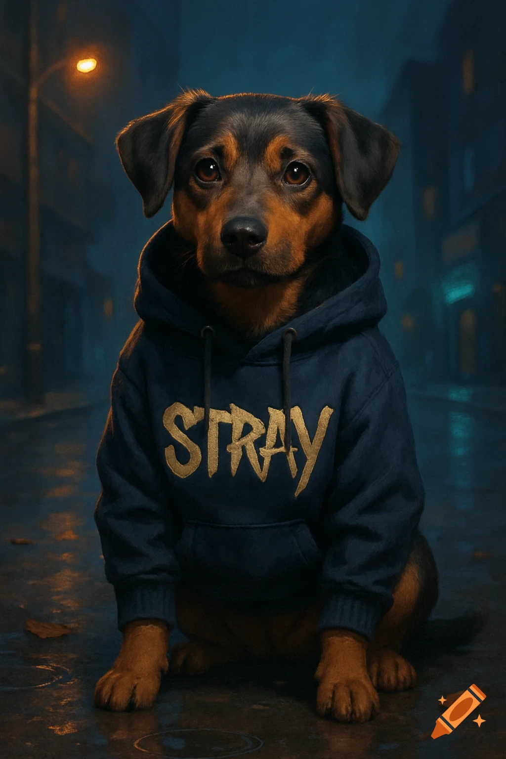 A grey mini goldendoodle with a cigar in its mouth walks away from a ...