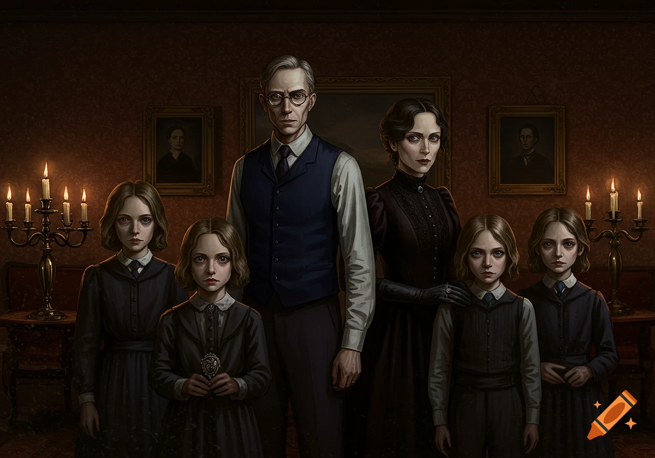 A solemn, eerie family portrait in a dark, gothic Victorian room with ...