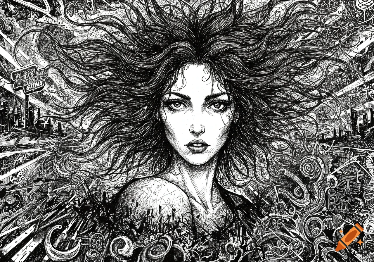 Fine line pen and ink drawing of a fantasy woman inspired by Frank ...