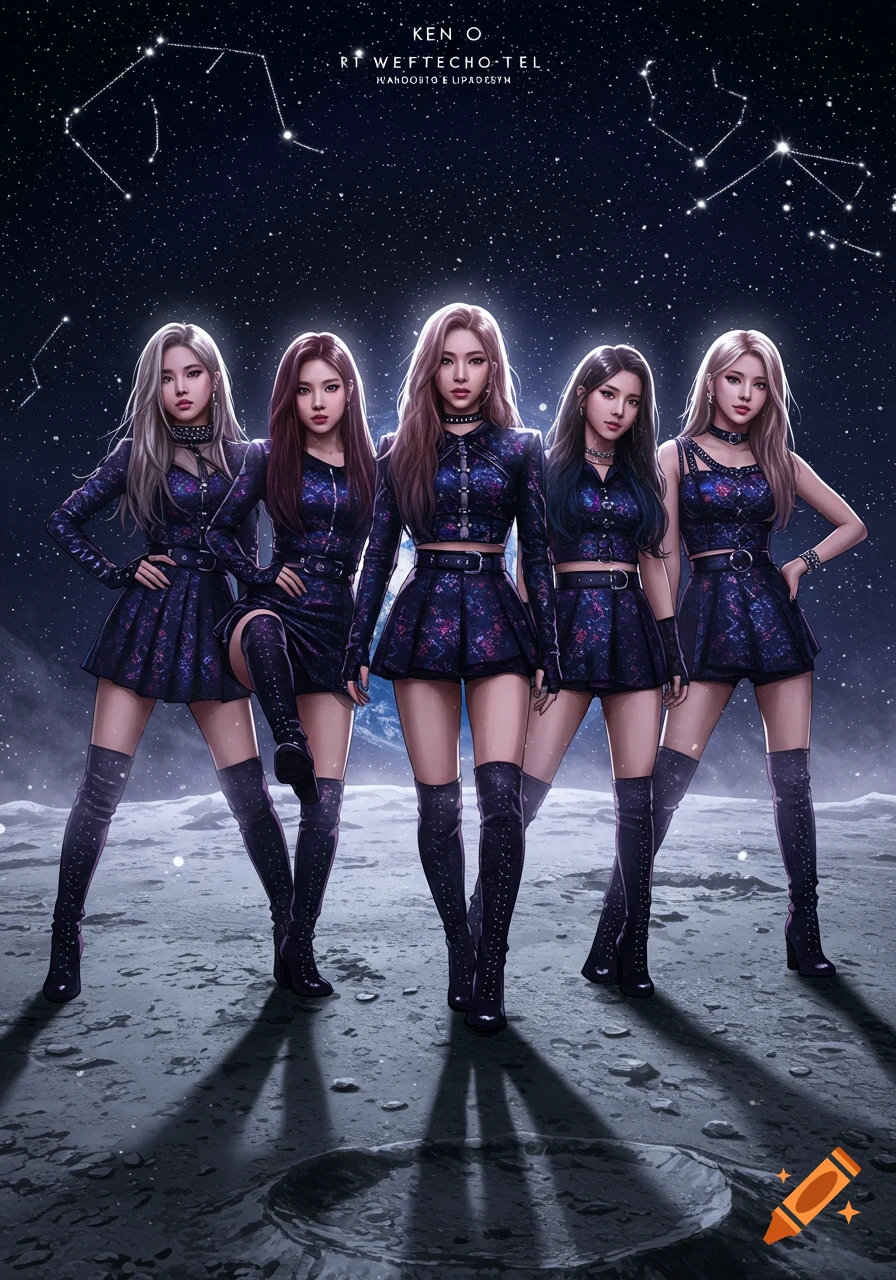 Five K-pop girl group members pose on a stage under purple and pink ...