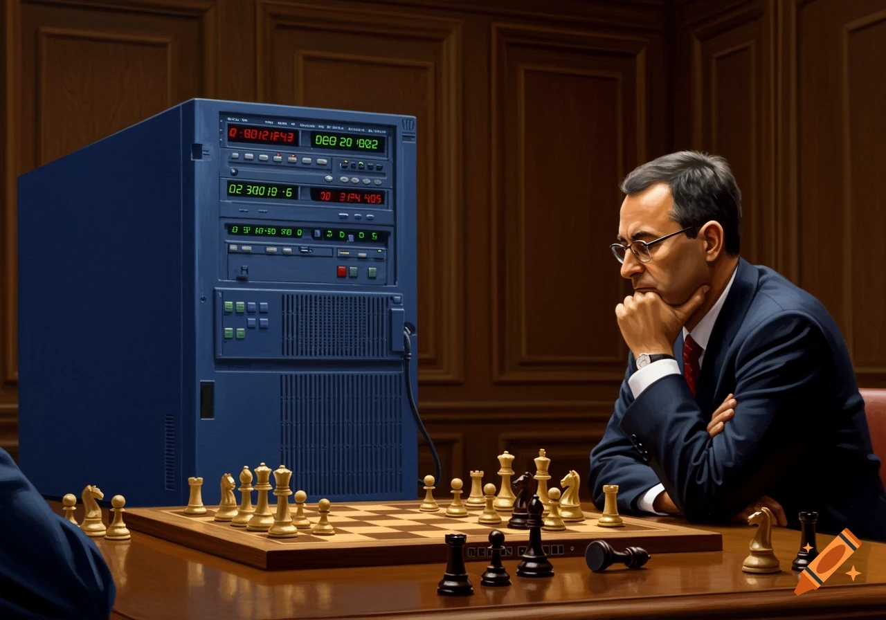 A man in a suit plays chess against a large, retro-style computer with ...