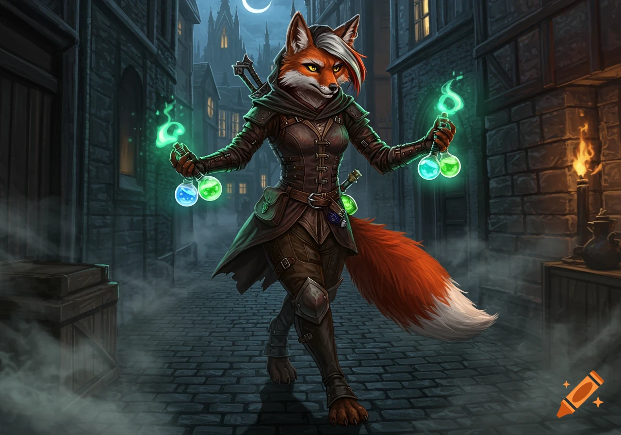 An anthropomorphic red fox in ornate red and green robes kneels in a ...