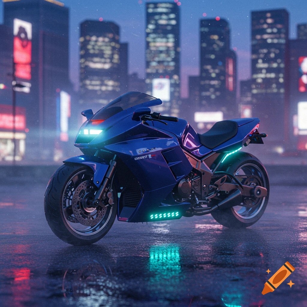 A sleek, blue and silver Art Deco-inspired futuristic motorcycle with ...