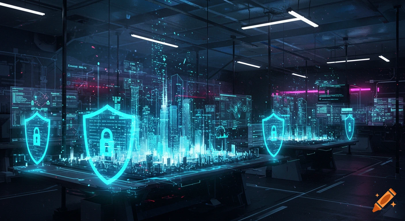A futuristic cybersecurity operations center with glowing blue digital ...