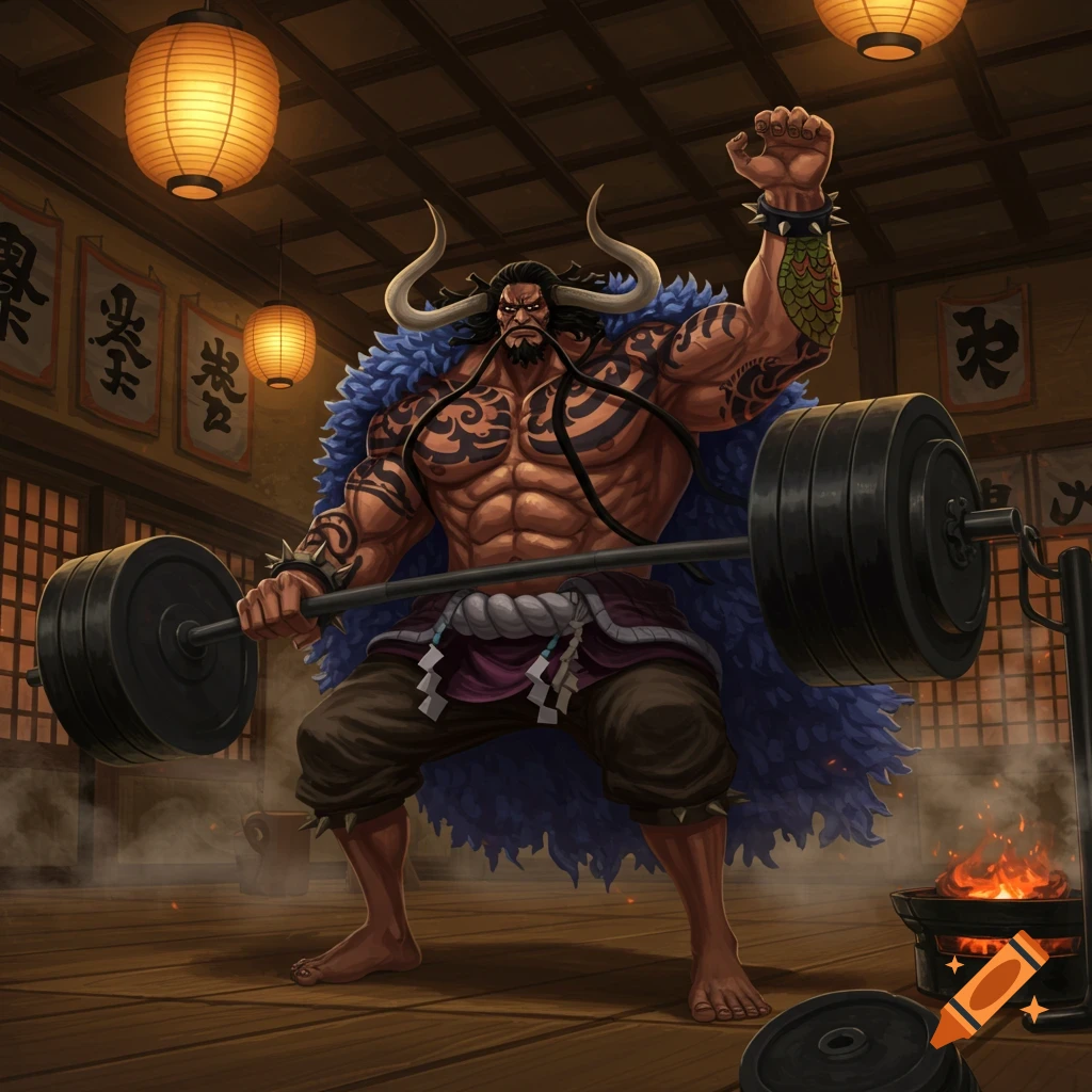 A muscular, horned man resembling Kaido from One Piece lifts a heavy ...