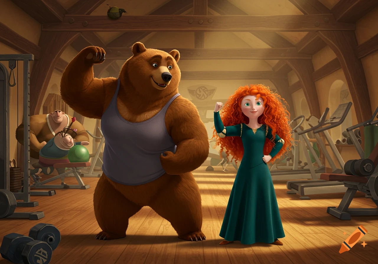 Merida and her bear mom, Elinor, flex their muscles in a cartoon gym ...