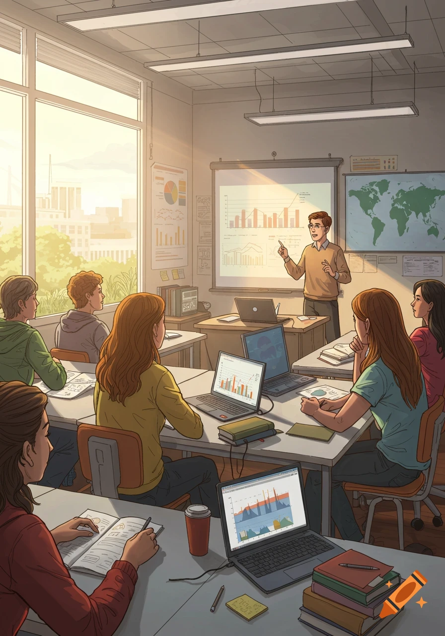 A cartoon illustration of a teacher presenting data on a projector ...