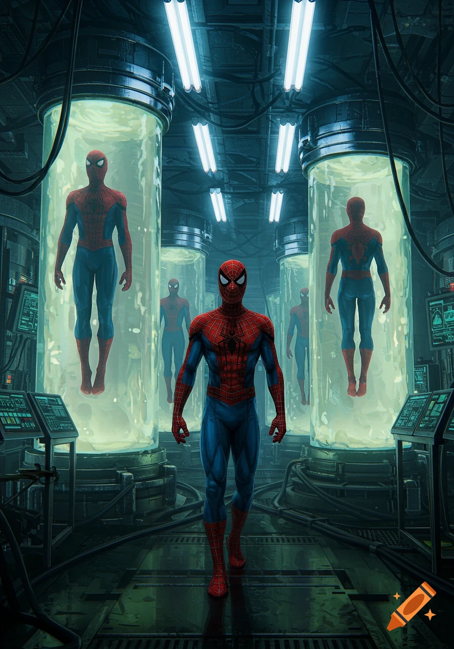 Spider-Man walks through an underground sci-fi laboratory with multiple ...
