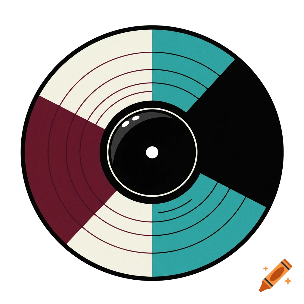 A stylized graphic of a vinyl record with a black center label. The ...