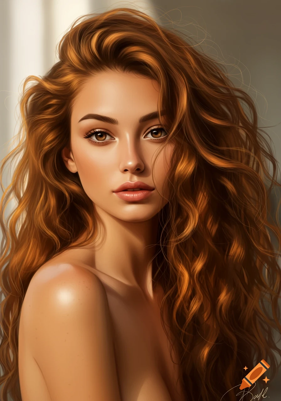 A photorealistic digital painting of a woman with long, curly bronze hair, fair skin, and brown ...