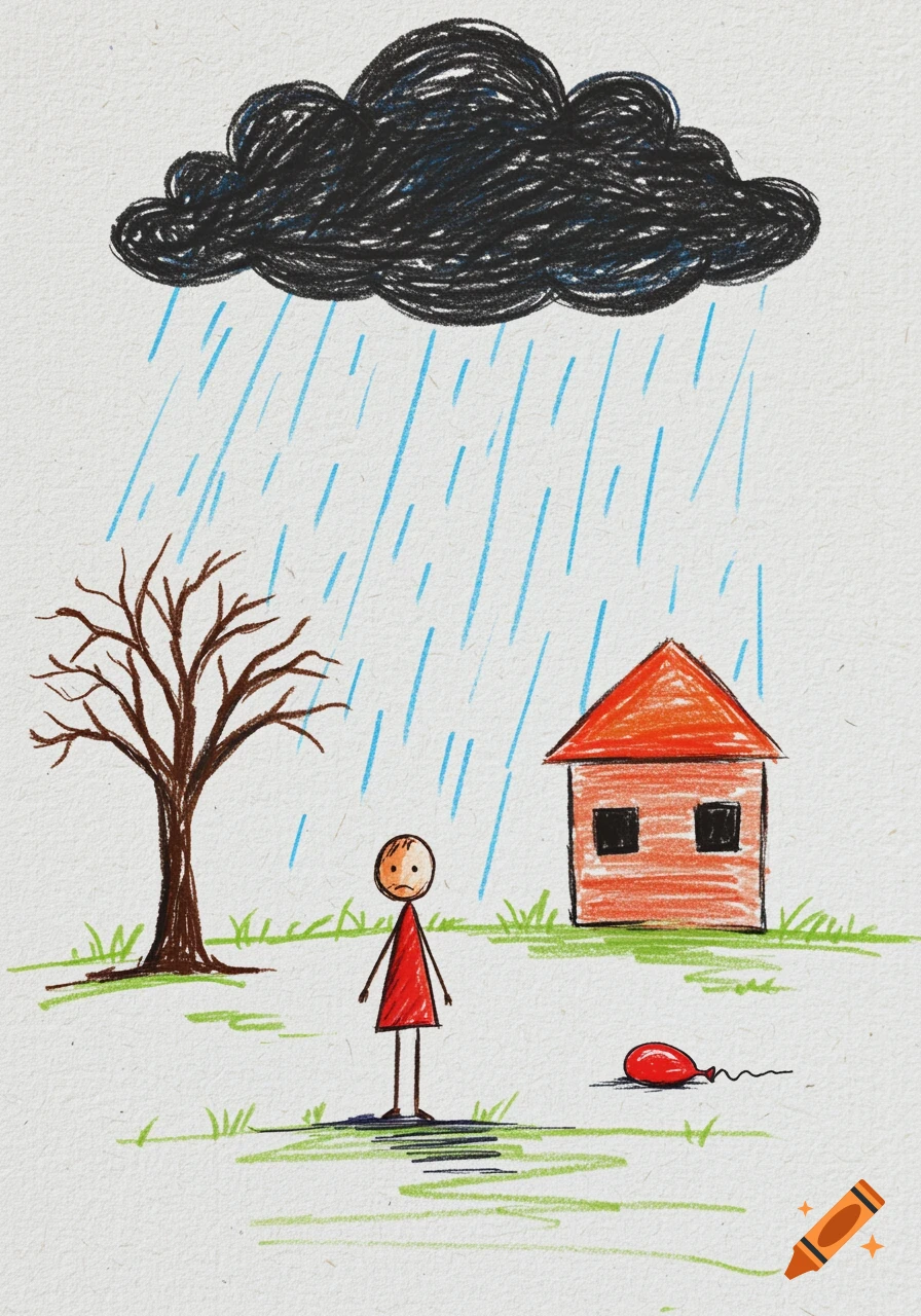 A sad stick figure in a child's crayon drawing, with a dark rain cloud ...