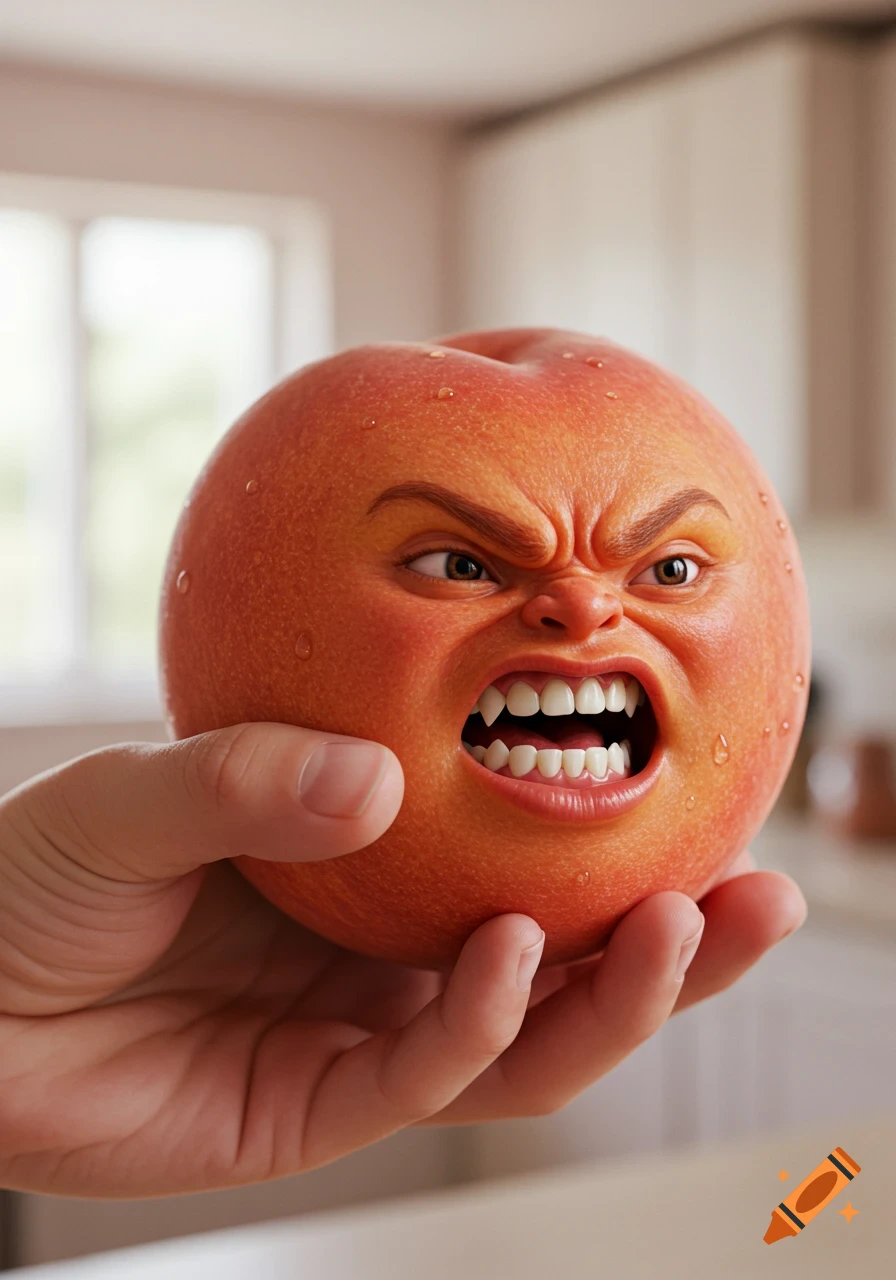 A photorealistic angry peach with a human face and sharp teeth appears ...