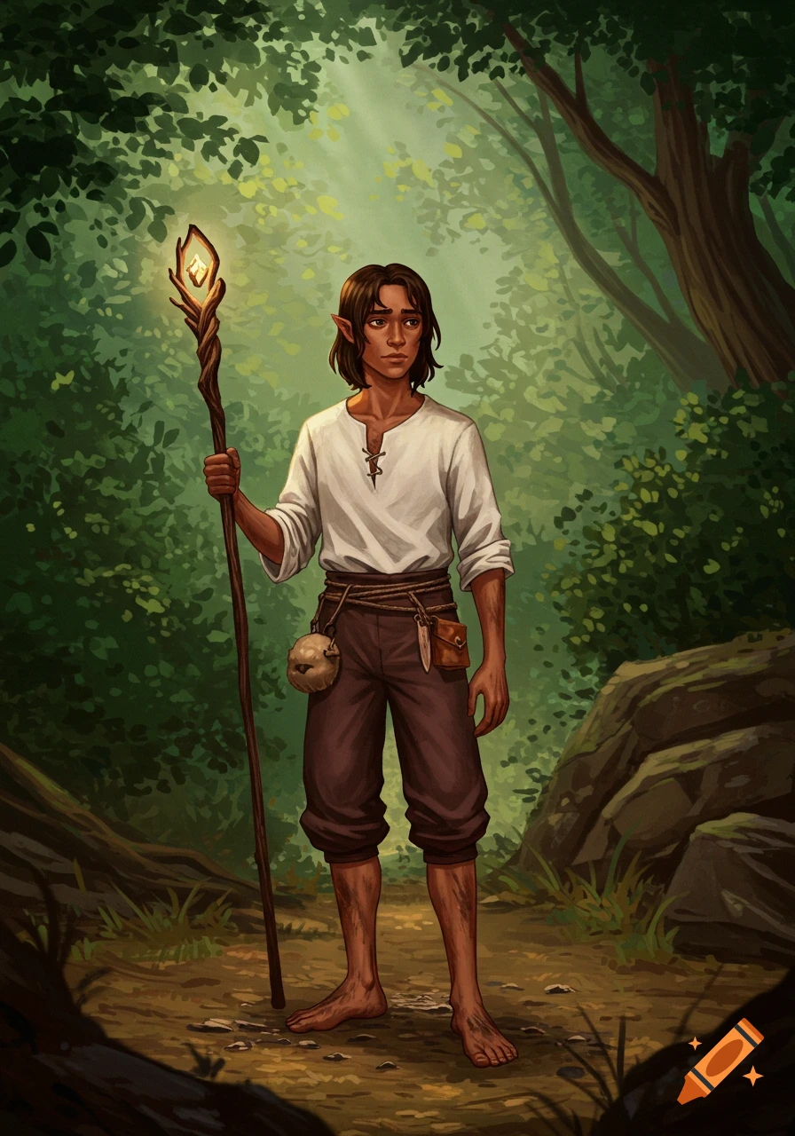 A young, dark-skinned elf in peasant clothes and bare feet stands in a ...