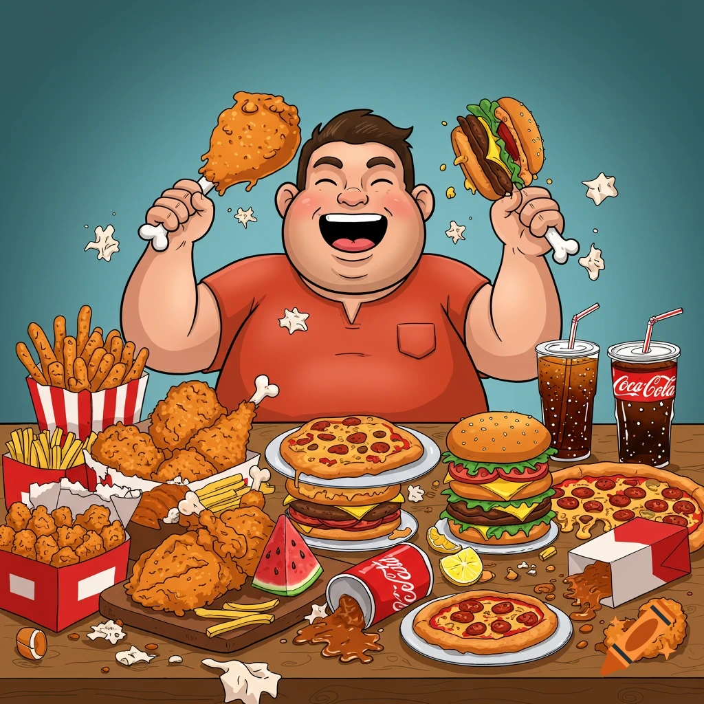 A cute, fat, cartoon burger-themed duck holding a red box of french ...