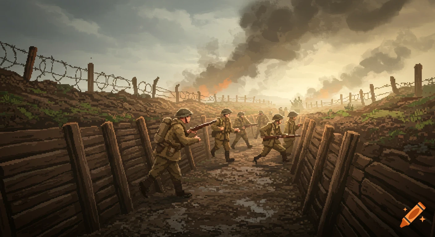 Black and white pencil sketch of a German WW1 infantry attack on Craiyon