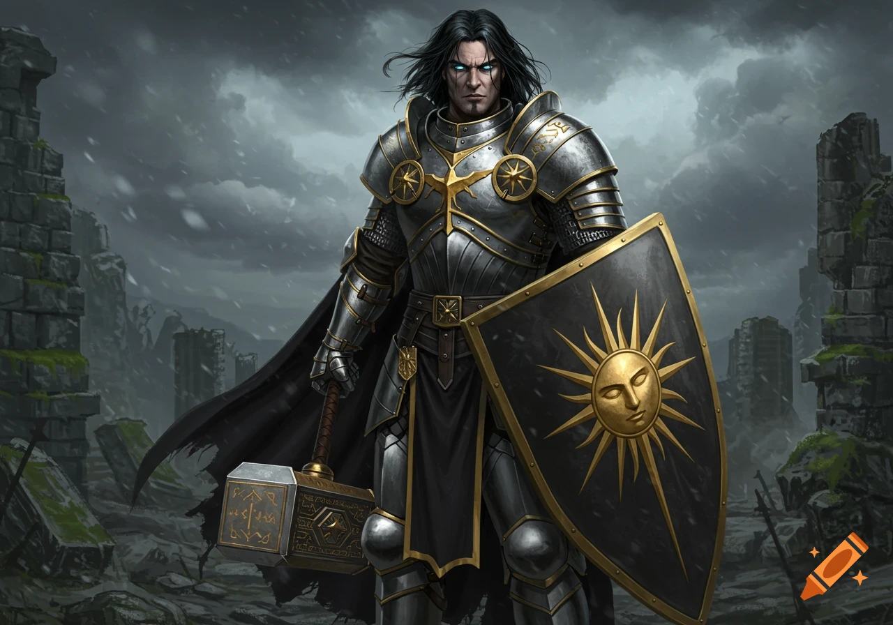 A powerful paladin in shining silver armor and black cape, holding a ...