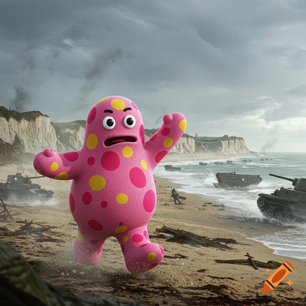 A surprised pink, yellow-spotted cartoon monster runs on a ...