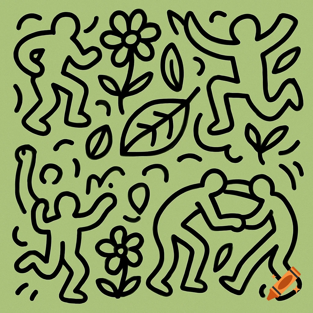 Keith Haring style doodle art with black line figures dancing and ...