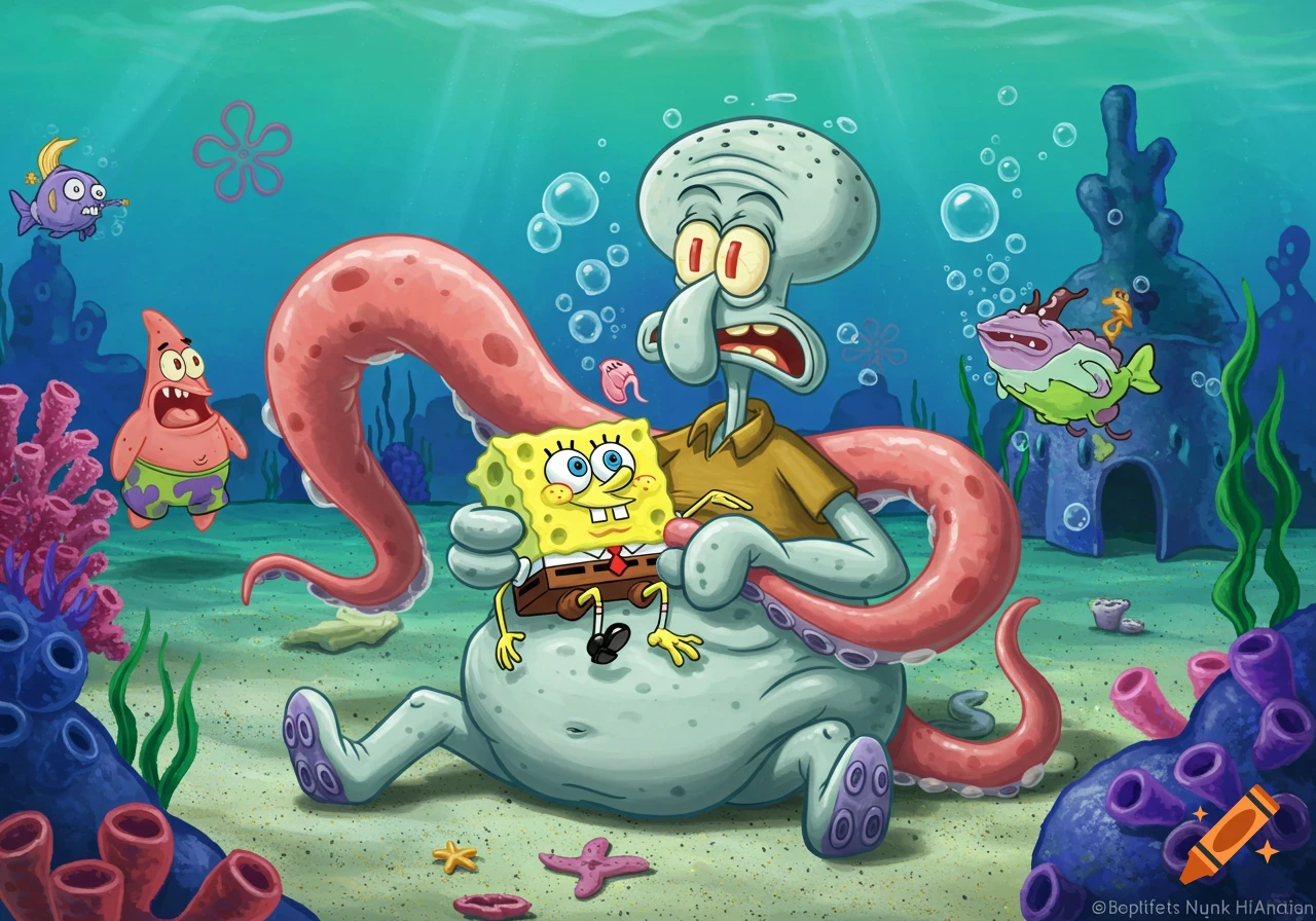 Cartoon of an obese Squidward holding Spongebob in an underwater scene ...