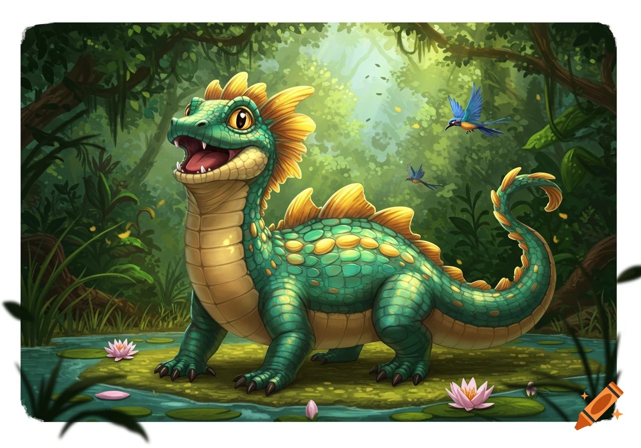 A cute, chubby, green cartoon dinosaur with big eyes holds a red heart ...