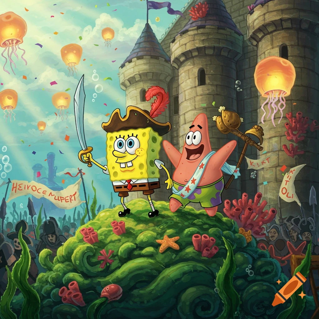 Spongebob, dressed as a colonist, crosses a partially frozen river on ...