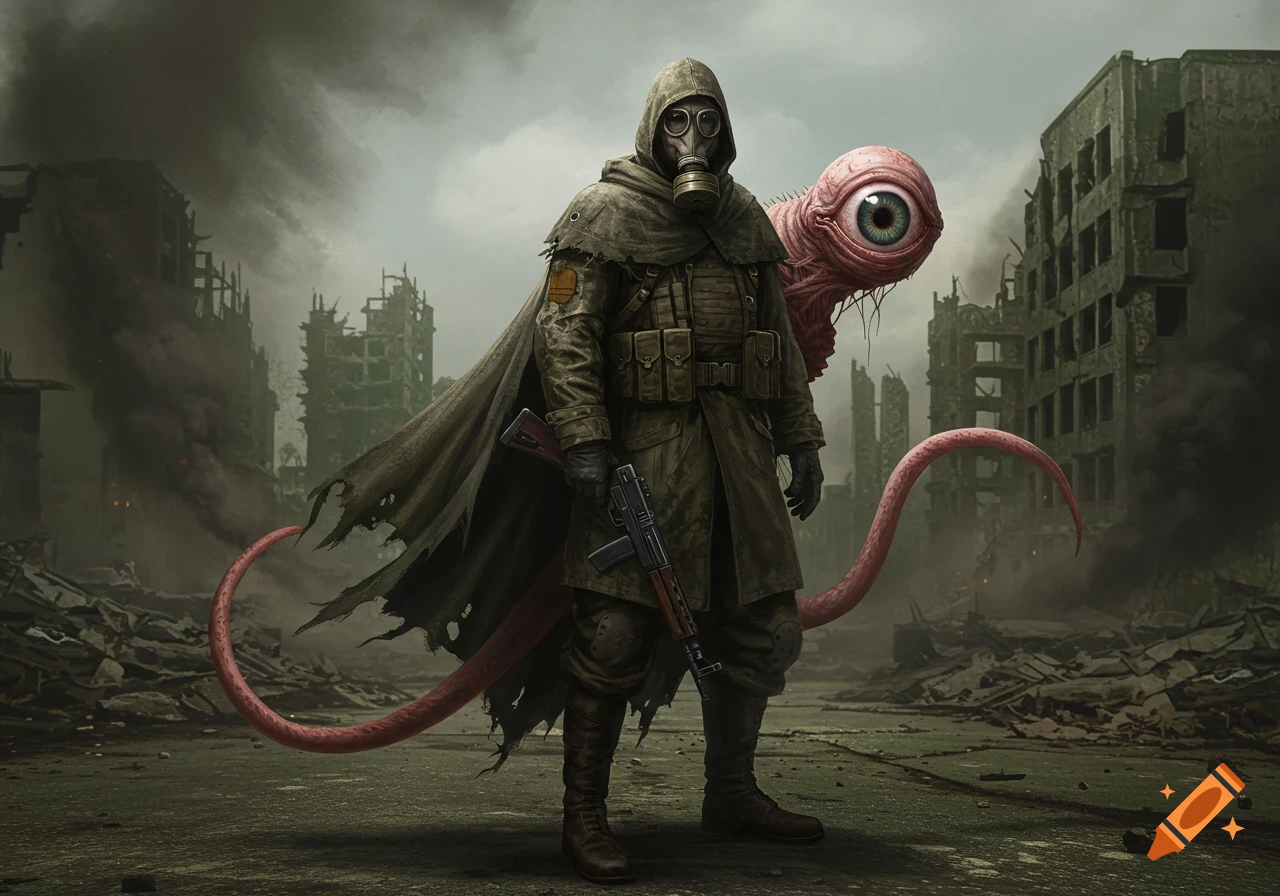 A gas-masked monk with hooded robes stands in a ruined city, a ...