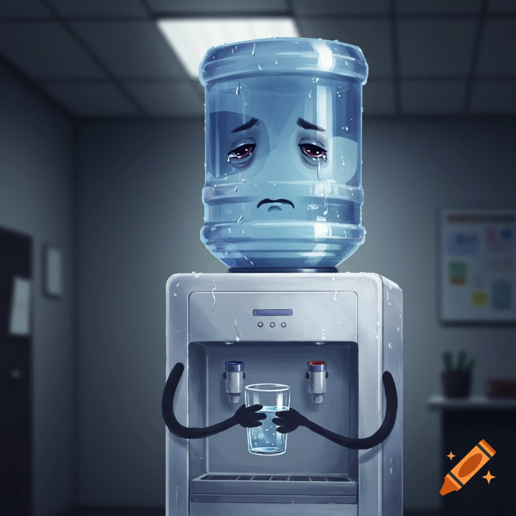 A sad, anthropomorphic water cooler with a crying face holds a glass of ...