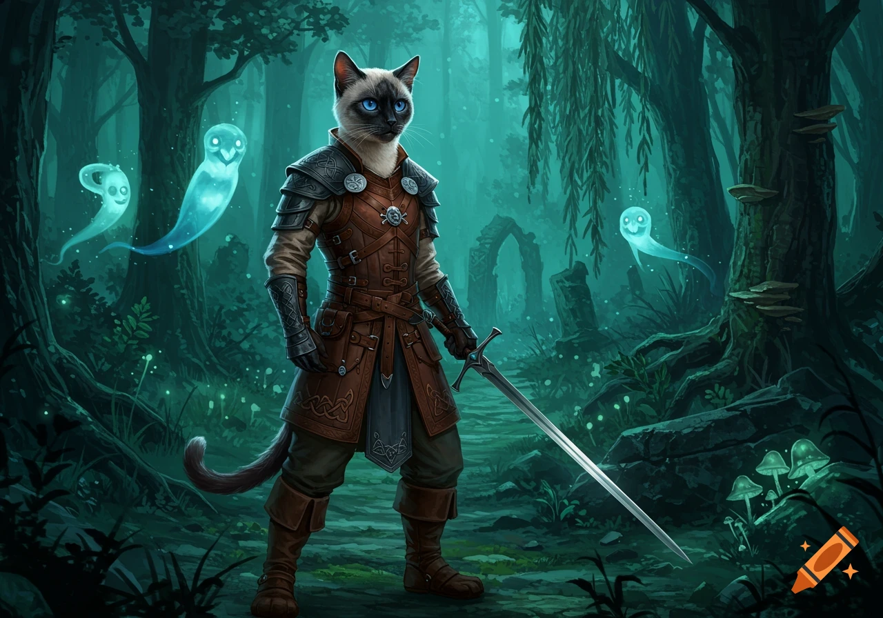 A Siamese cat-like warrior in fantasy armor with a sword stands in a ...