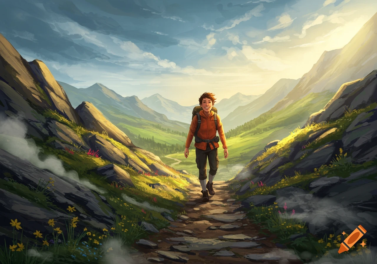 Smiling young hiker walks on a stone path through a sunny green ...