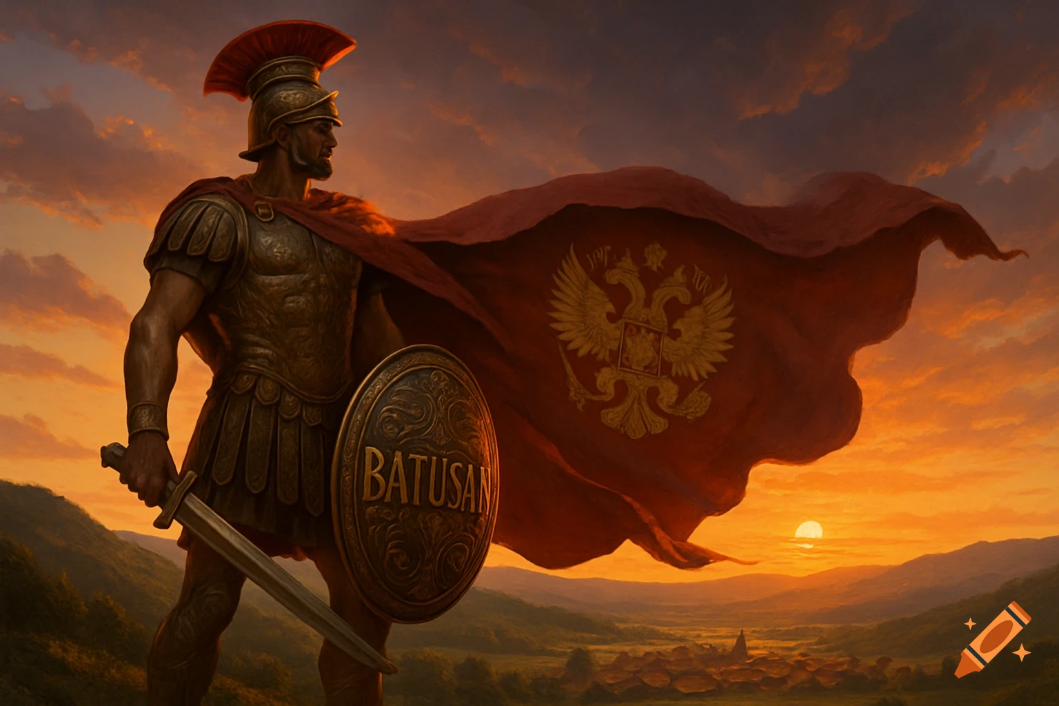 A proud Roman general in detailed silver and red armor stands in a ...