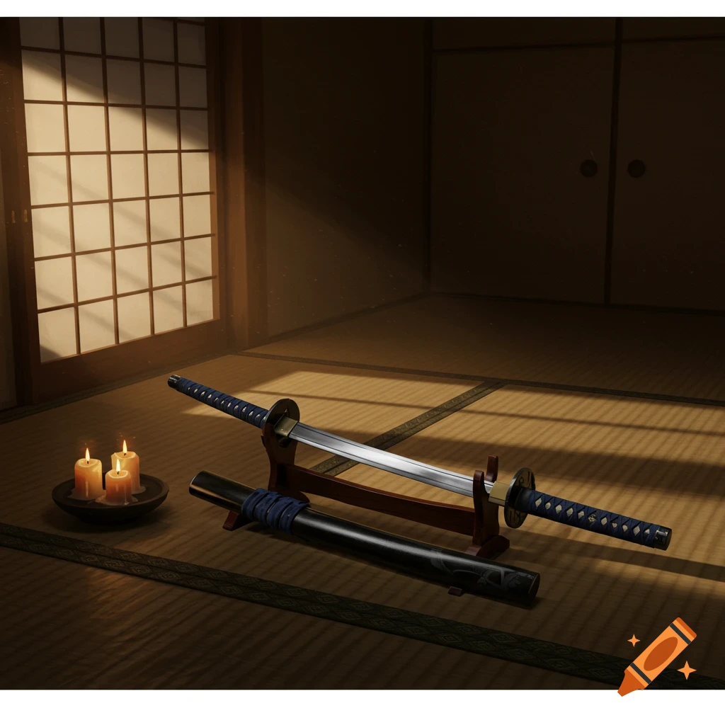 A katana and its scabbard on a stand with three lit candles in a ...