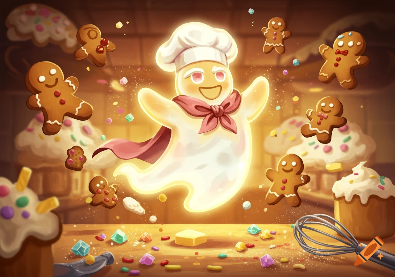 Close-up of a smiling gingerbread cartoon character with white hair and ...