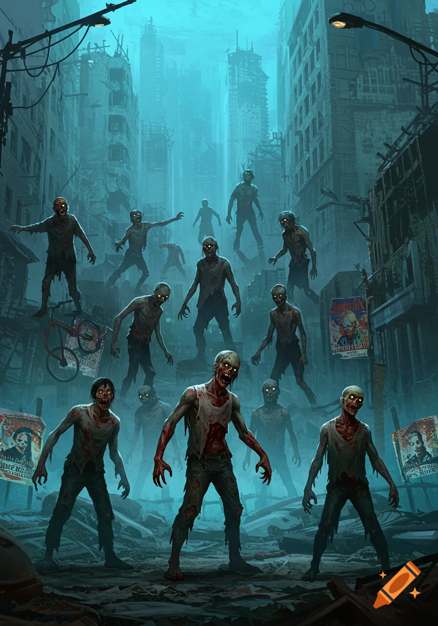 Digital art illustration of many zombies with glowing eyes and tattered ...