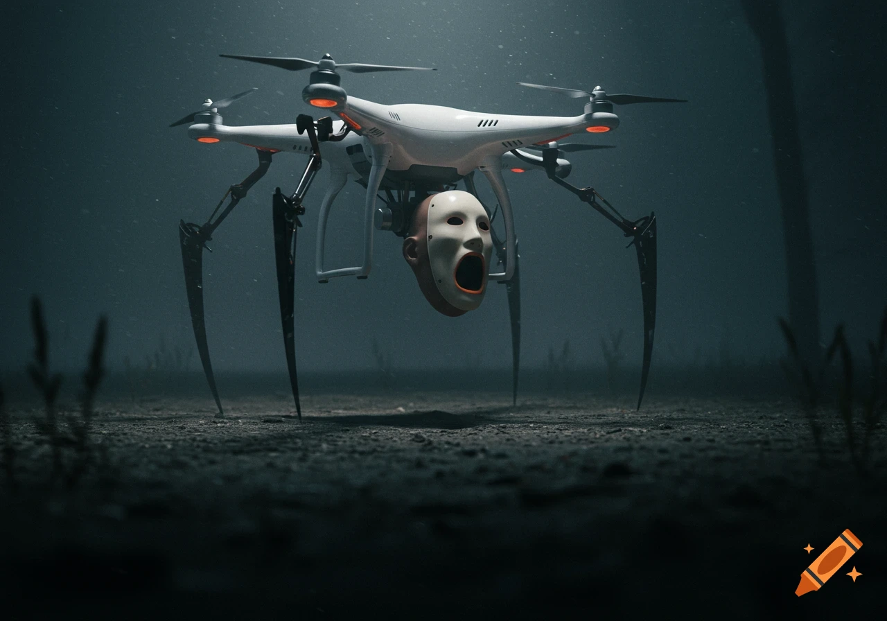 A white quadcopter drone with spider-like legs and a pale, screaming ...